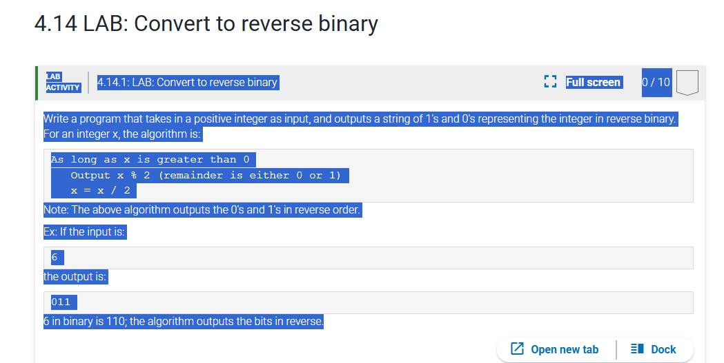 Programming in C:4.14 ﻿LAB: Convert to reverse binary | Chegg.com