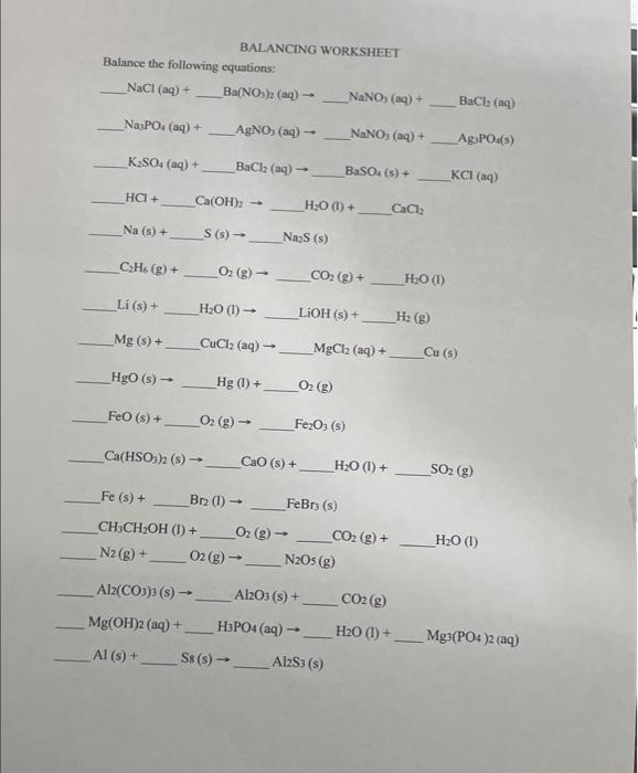 Solved BALANCING WORKSHEET Balance the following equations: | Chegg.com