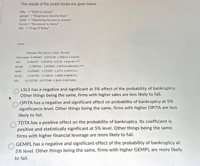 Solved The results of the probit model are given below. tdta | Chegg.com