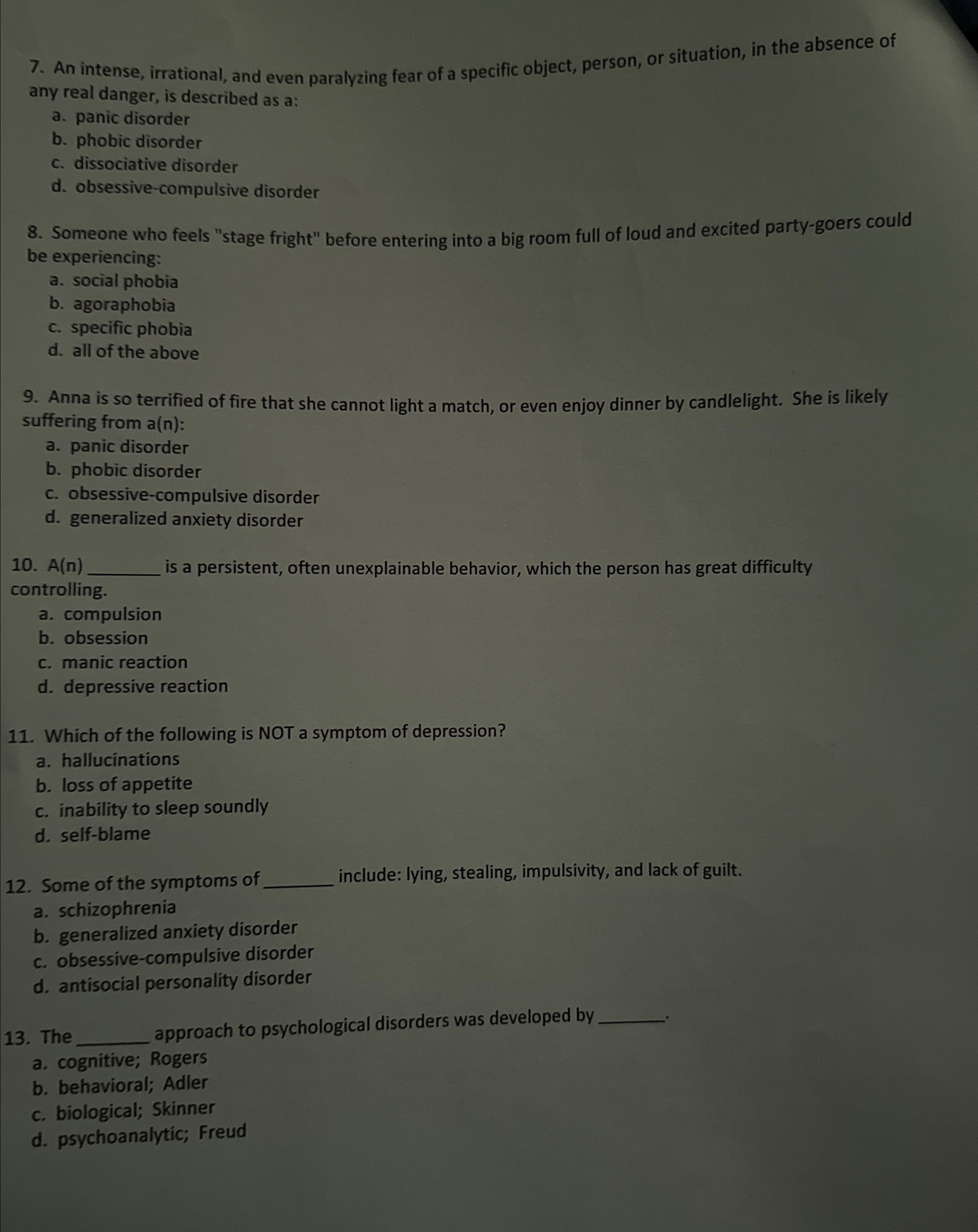 Solved An intense, irrational, and even paralyzing fear of a | Chegg.com