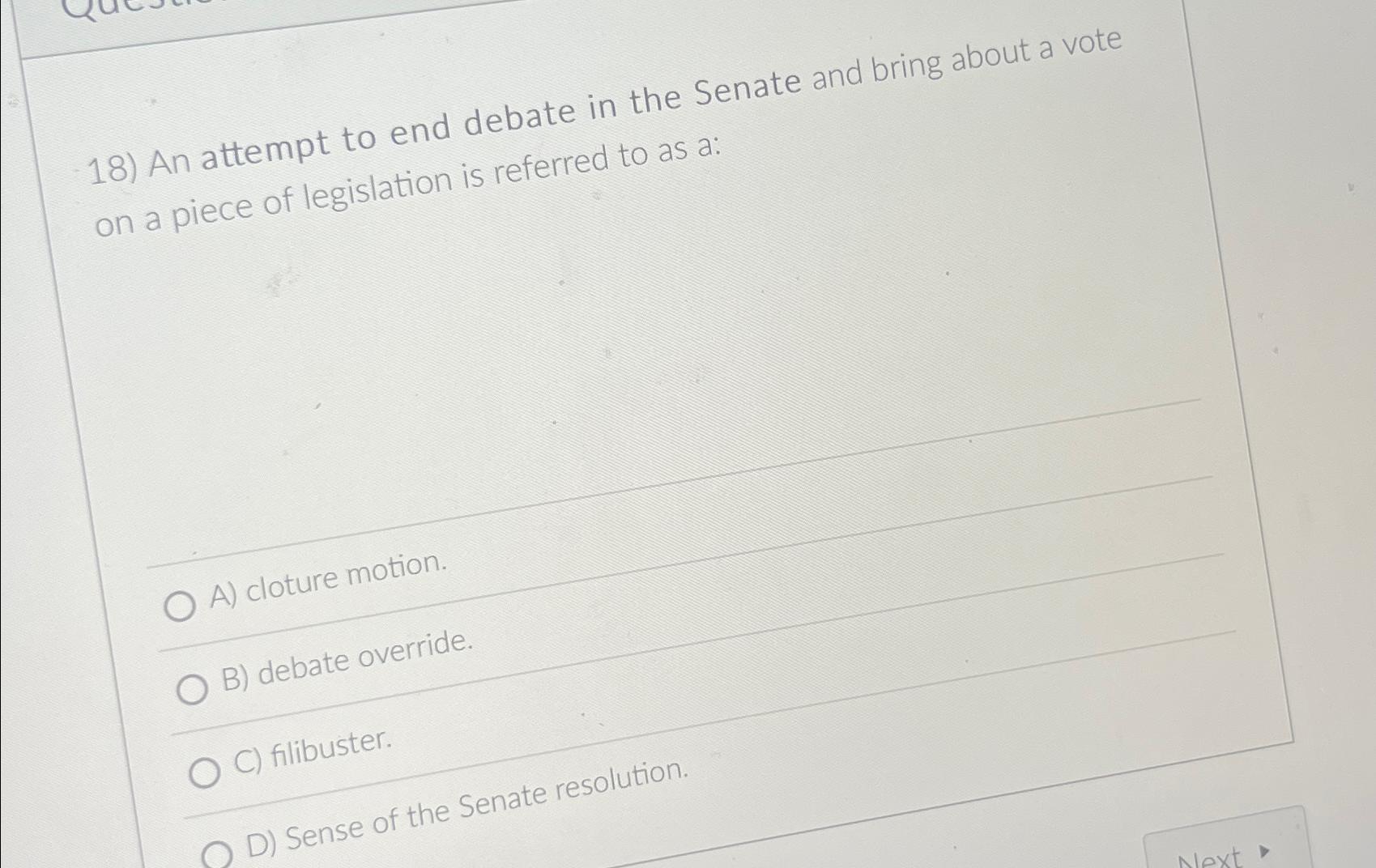 Solved An attempt to end debate in the Senate and bring | Chegg.com