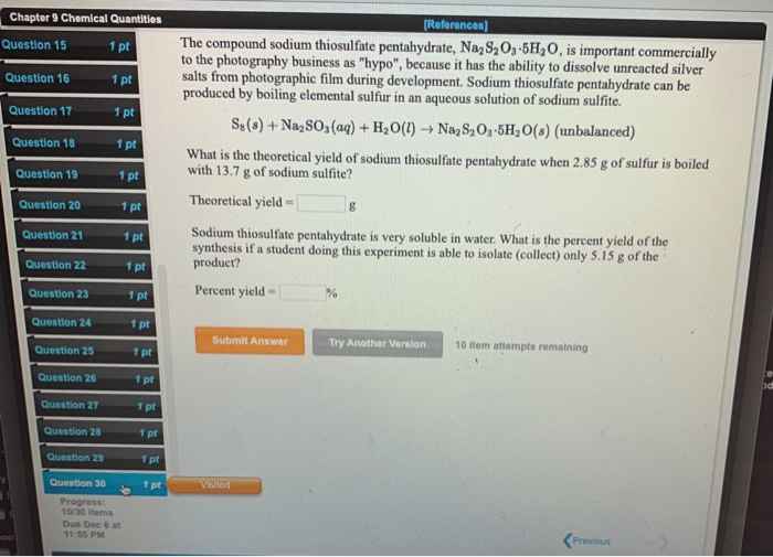 Solved Chapter 9 Chemical Quantities Question 151 pt | Chegg.com