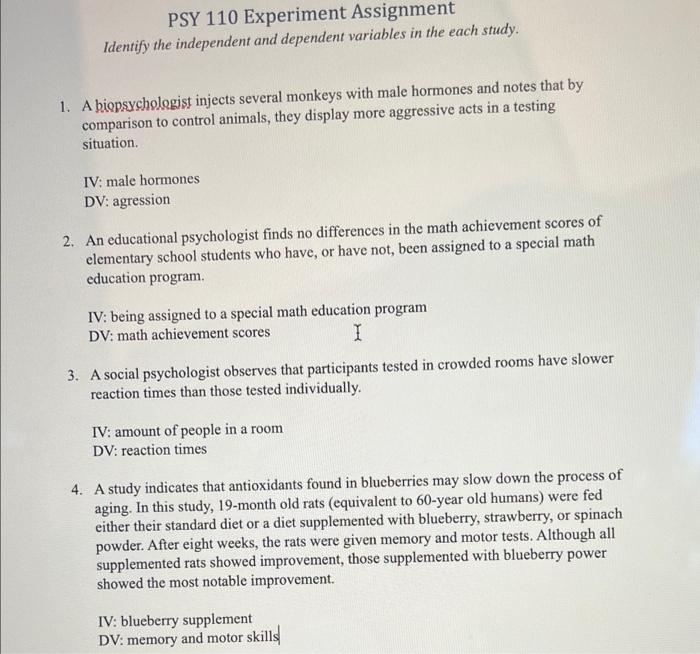 Solved PSY 110 Experiment Assignment Identify the | Chegg.com
