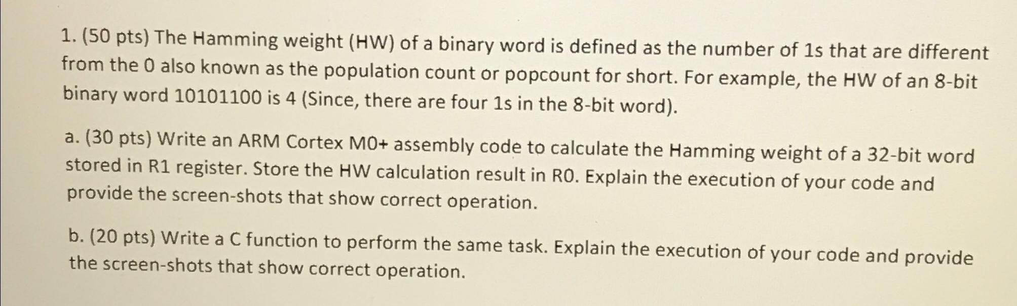 Solved (50 ﻿pts) ﻿The Hamming weight (HW) ﻿of a binary word | Chegg.com