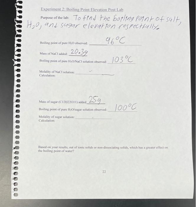 Solved Experiment 2: Boiling Point Elevation Post Lab | Chegg.com