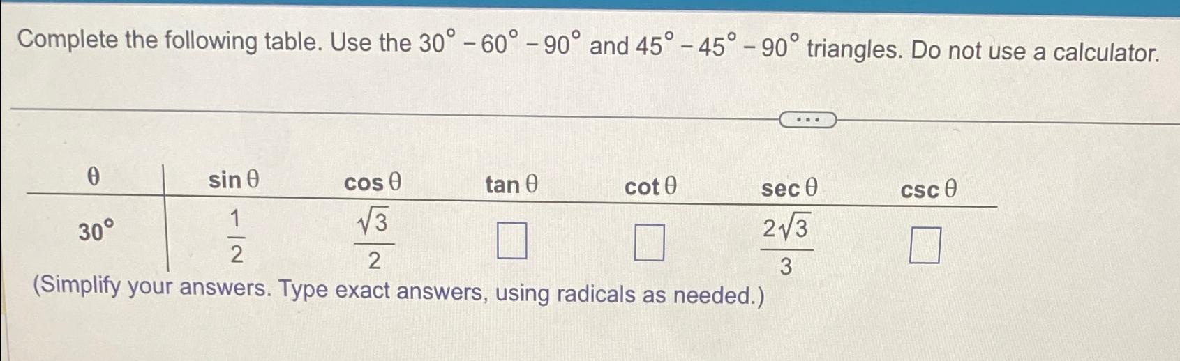 Solved Complete the following table. Use the 30°-60°-90° | Chegg.com