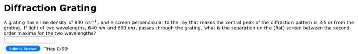 Solved A grating has a line density of 830 cm−1, and a | Chegg.com