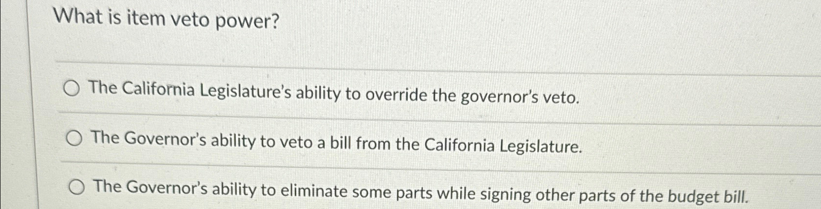 Solved What is item veto power?The California Legislature's | Chegg.com
