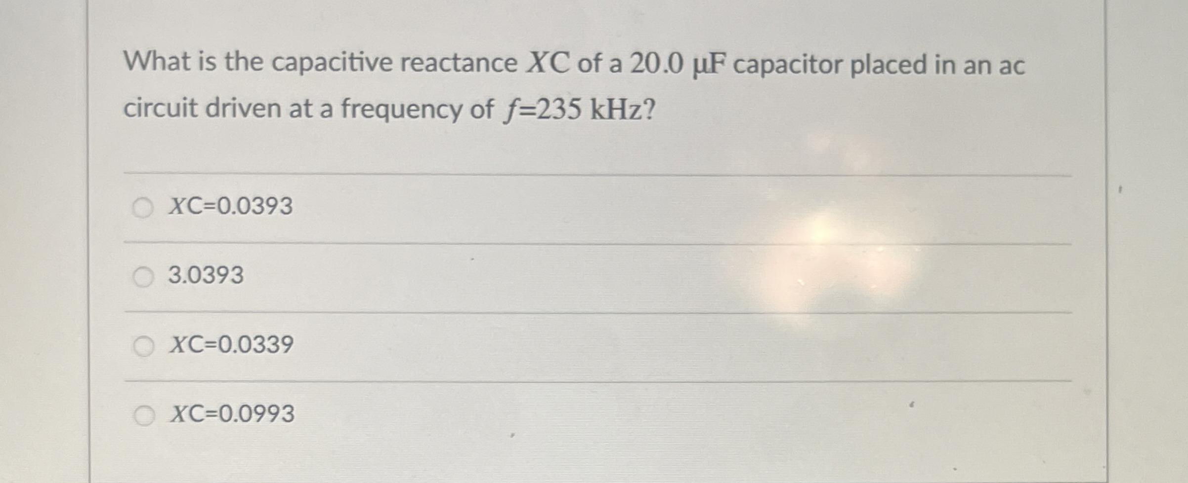 Solved What Is The Capacitive Reactance Xc ﻿of A 20 0μf