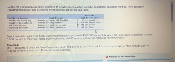 Solved Southwest Components recently switched to | Chegg.com