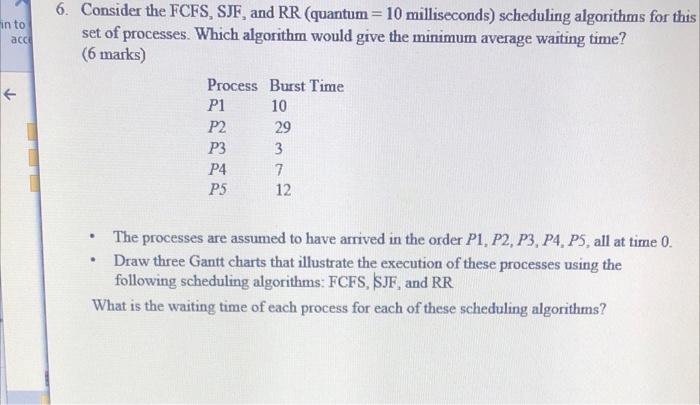 Solved in to 6. Consider the FCFS, SJF, and RR (quantum = 10 | Chegg.com