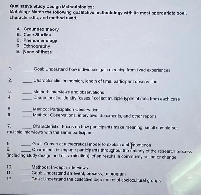 Qualitative Study Design Methodologies: Matching: | Chegg.com