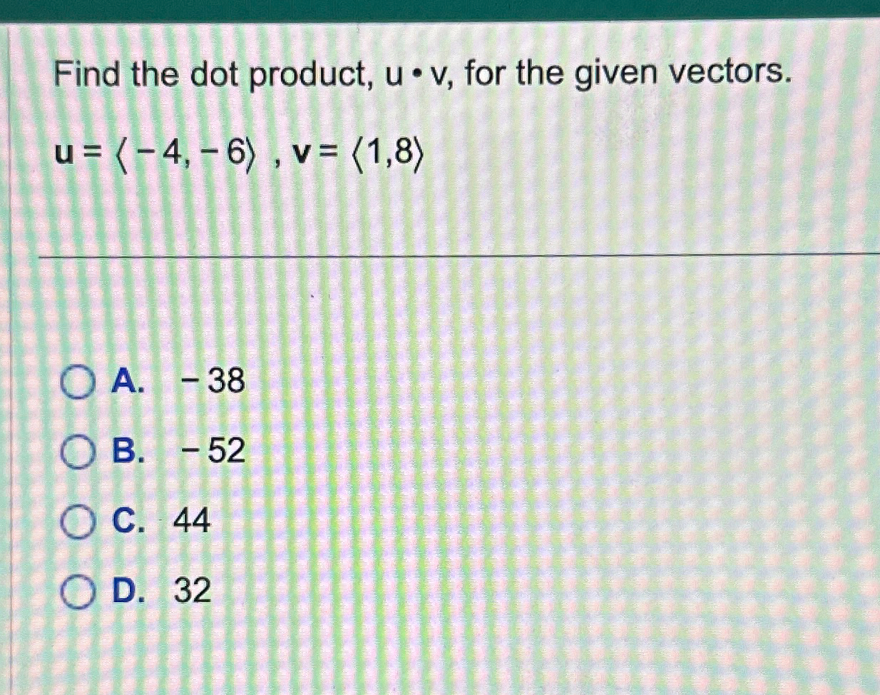 Solved Find the dot product, u*v, ﻿for the given | Chegg.com