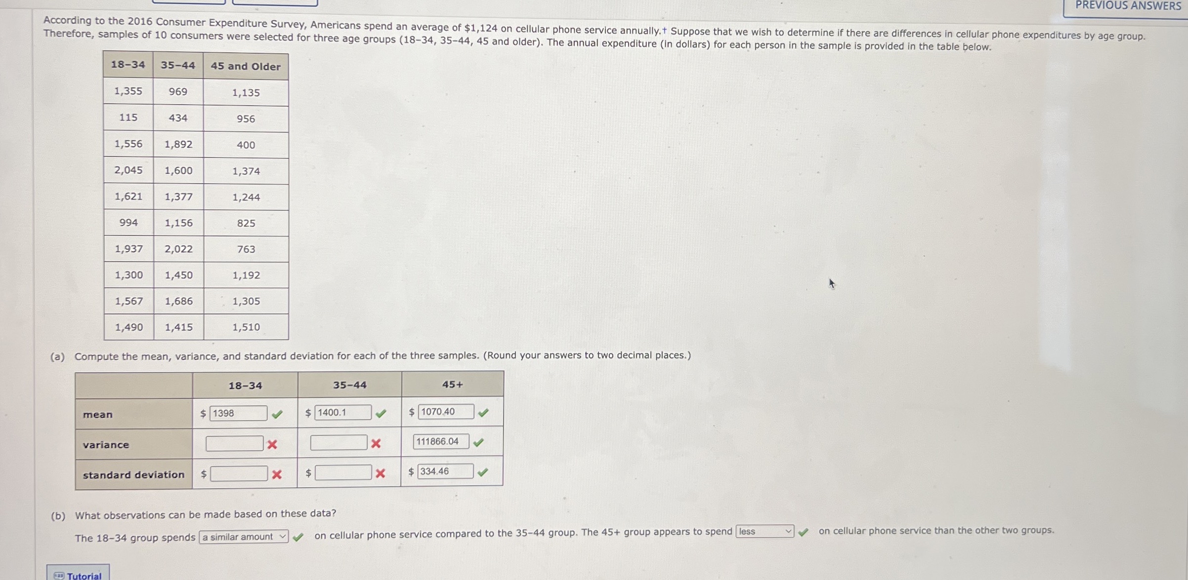 Solved PREVIOUS ANSWERS Therefore, samples of 10 ﻿consumers | Chegg.com