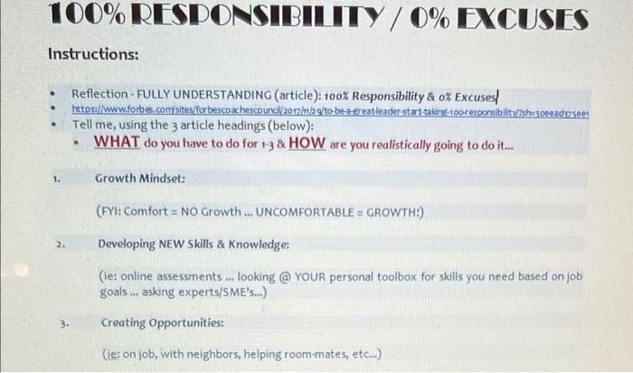 100% RESPONSIBILITY / 0% EXCUSES Instructions: . . | Chegg.com