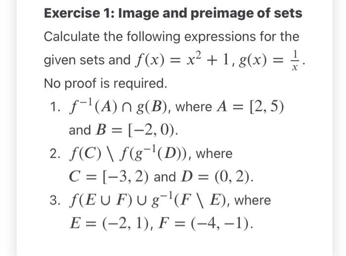 Solved Exercise 1: Image and preimage of sets Calculate the | Chegg.com