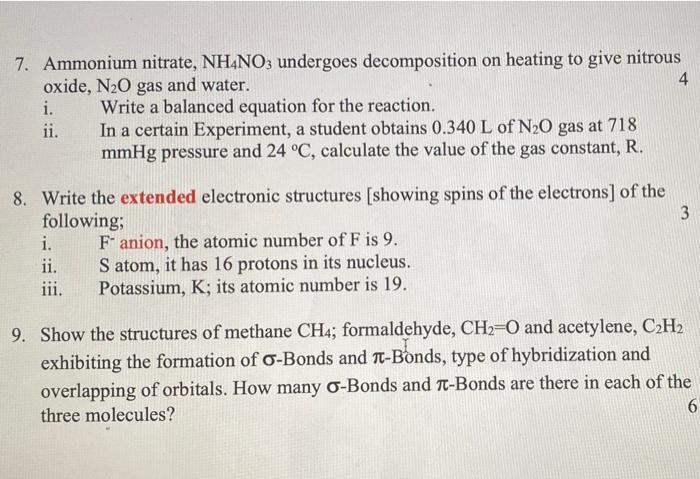 Solved 7. Ammonium nitrate, NH4NO3 undergoes decomposition | Chegg.com