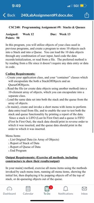 Solved CSC240: Programming Assignment #9 : Stacks \& Queues | Chegg.com