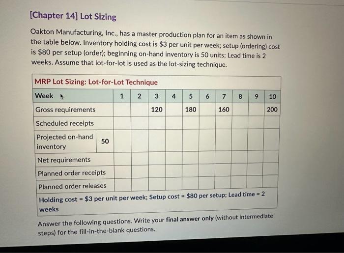 Solved [Chapter 14] Lot Sizing Oakton Manufacturing, Inc., | Chegg.com