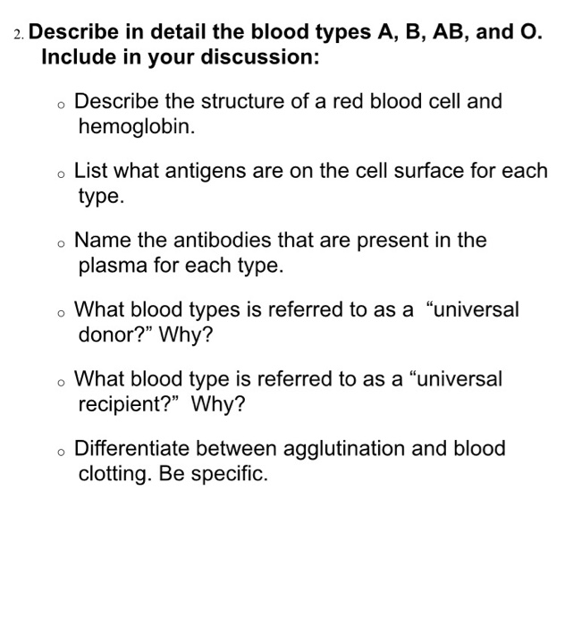 Solved 2. Describe in detail the blood types A, B, AB, and | Chegg.com