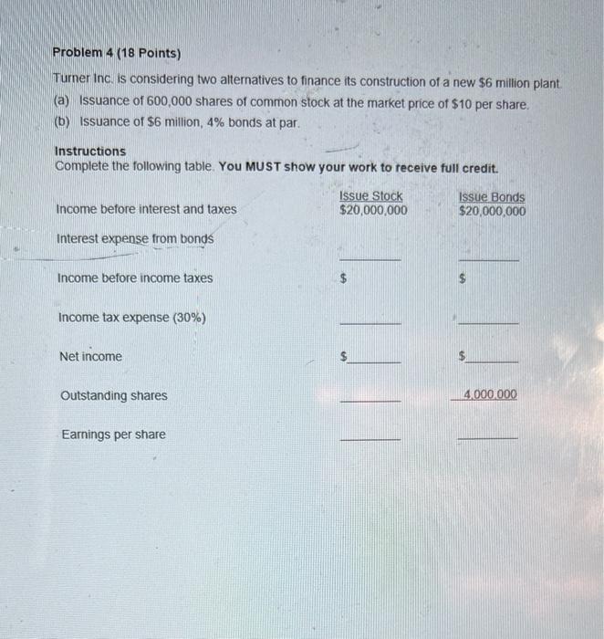 Solved Problem 4 (18 Points) Turner Inc. is considering two | Chegg.com