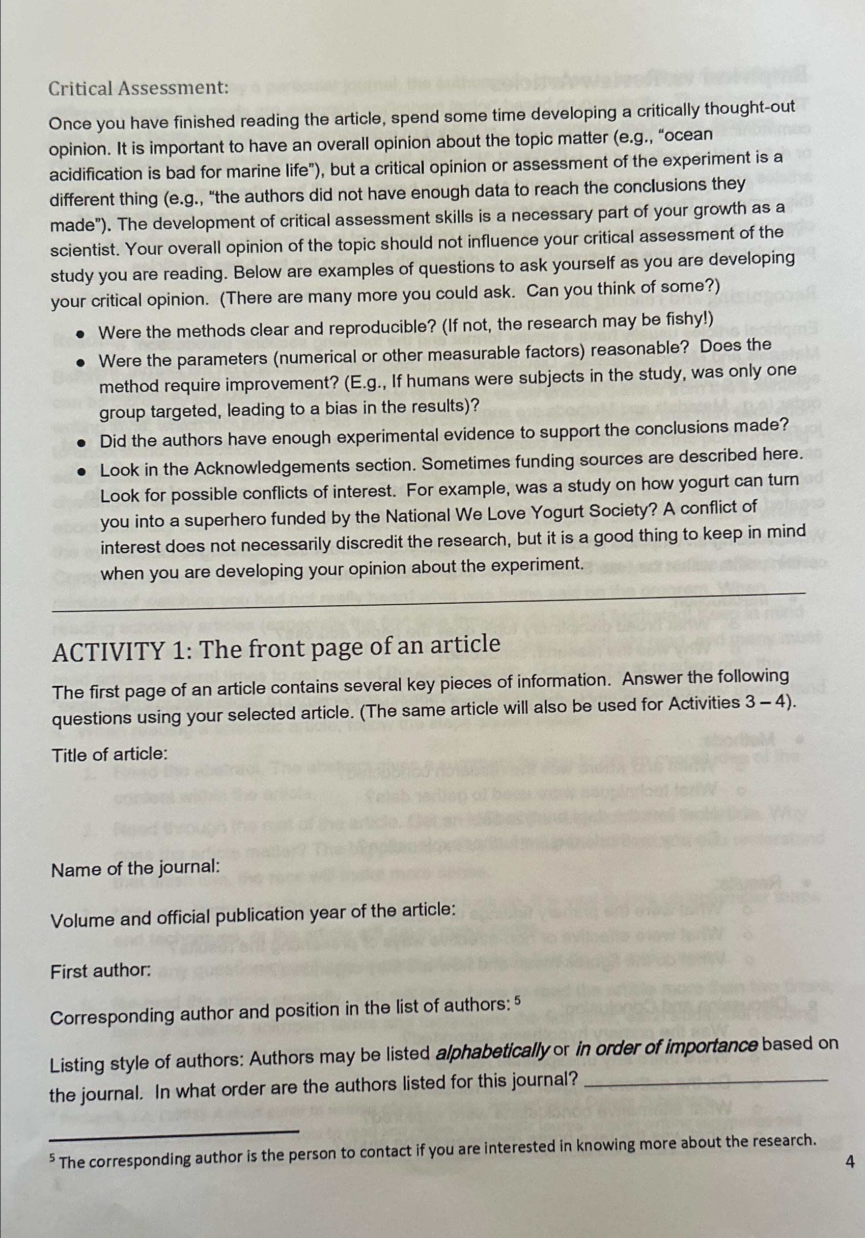 Solved Critical Assessment:Once you have finished reading | Chegg.com