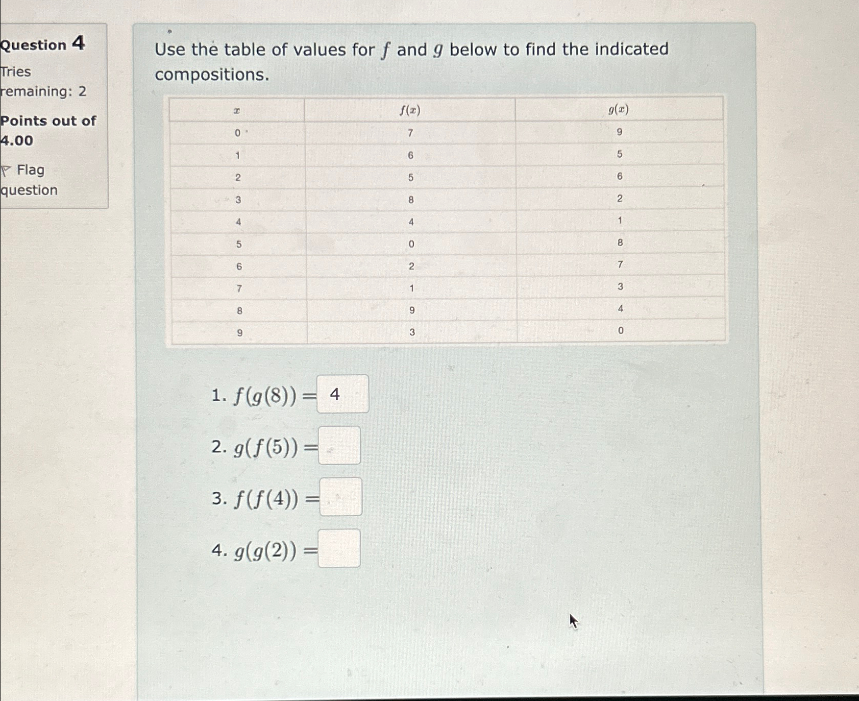 Solved Question 4Triesremaining: 2Points out of 4.00Flag | Chegg.com Solved Question 4Triesremaining: 2Points out of 4.00Flag | Chegg.com