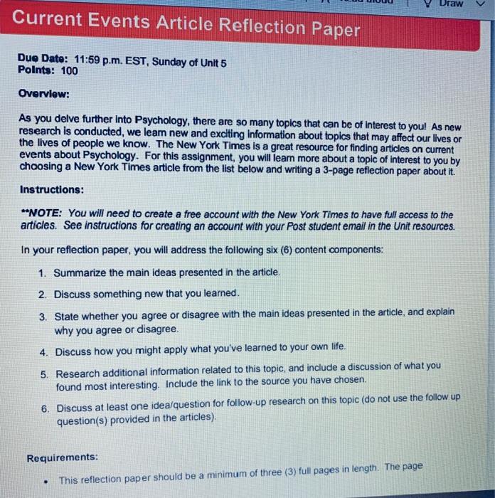 Draw Current Events Article Reflection Paper Due | Chegg.com