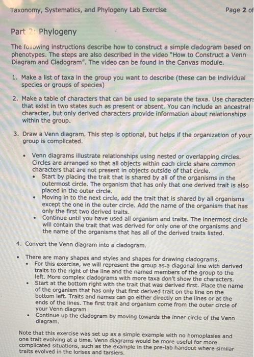Solved Taxonomy, Systematics, and Phylogeny Lab Exercise | Chegg.com