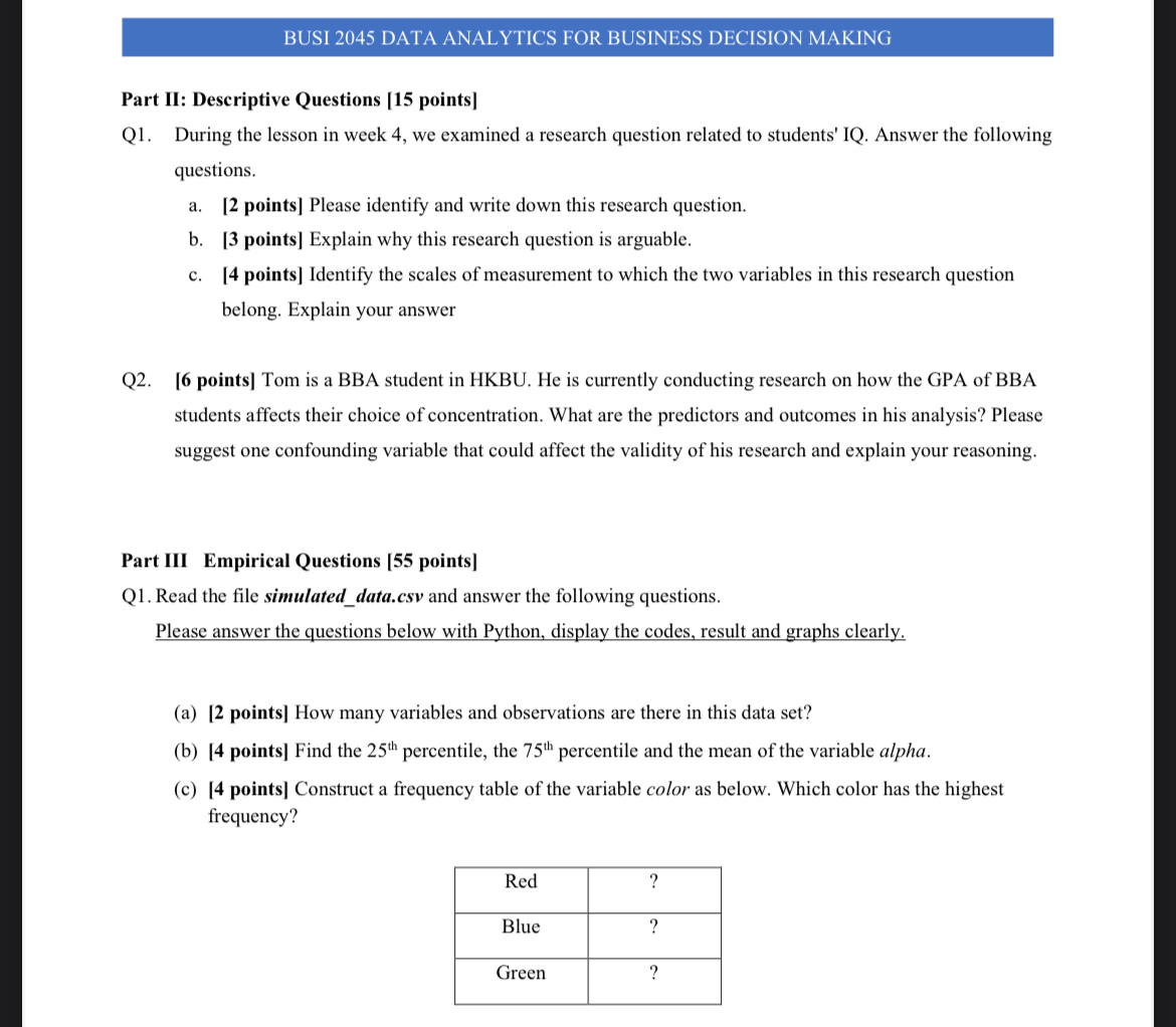 Part II: Descriptive Questions [15 ﻿points]Q1. | Chegg.com