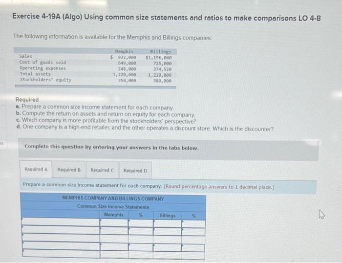 Solved Exercise 4-19A (Algo) Using common size statements | Chegg.com