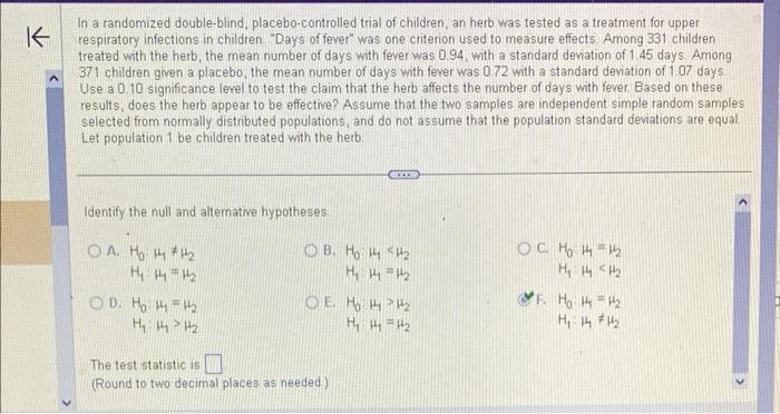 Solved In a randomized double-blind, placebo-controlled | Chegg.com