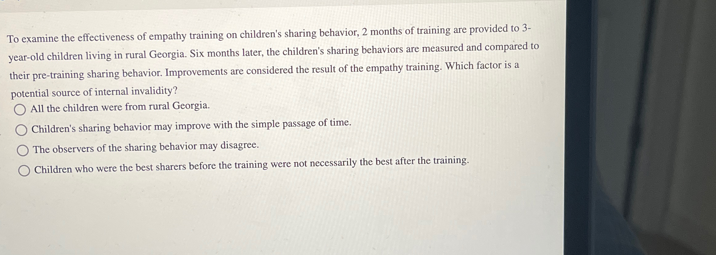 Solved To examine the effectiveness of empathy training on | Chegg.com