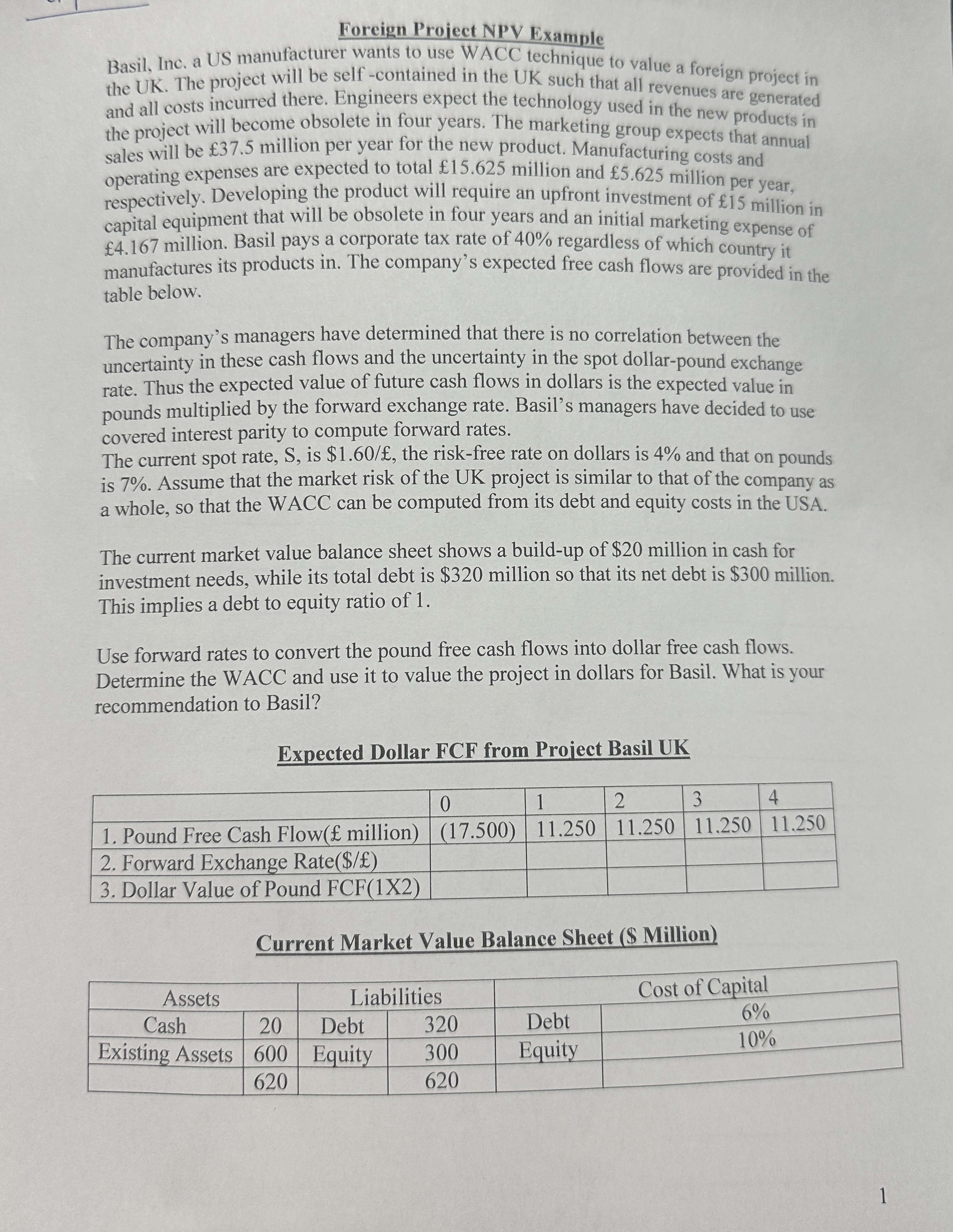 Solved Foreign Project NPV ExampleBasil, Inc. a US | Chegg.com