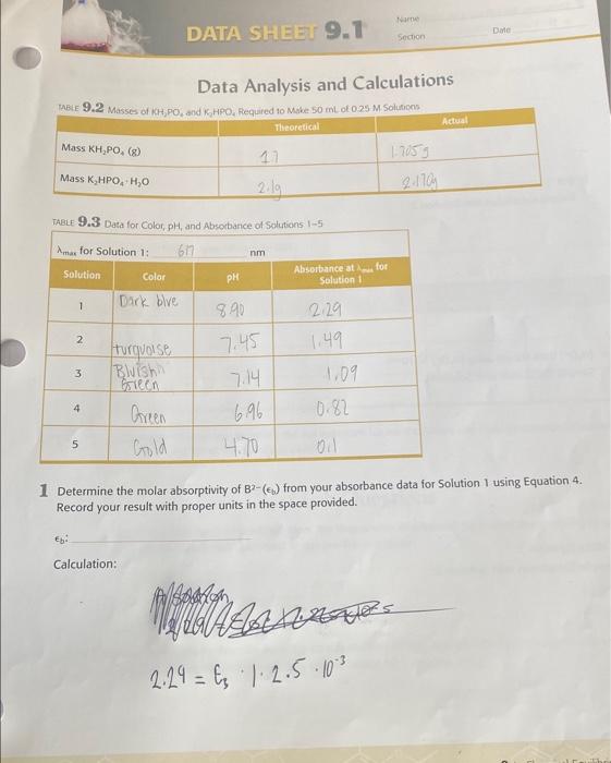 Name DATA SHEET 9.1 Date Section Data Analysis and | Chegg.com