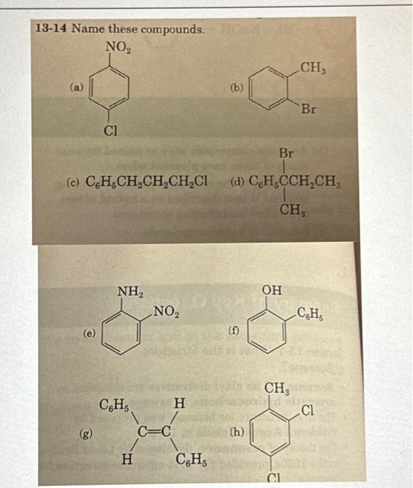 Solved 13-14 Name these compounds. NO2 Cl (g) NH₂ C6H5 (c) | Chegg.com