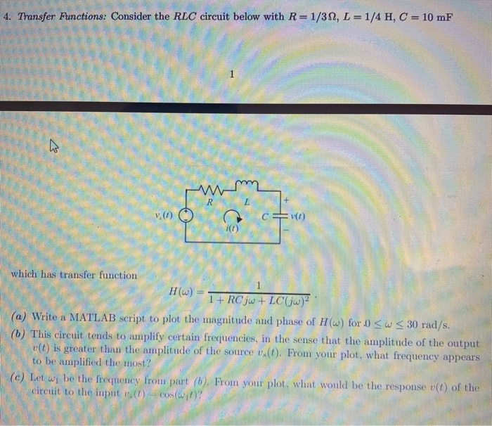 Solved 4. Transfer Functions: Consider the RLC circuit below | Chegg.com Solved 4. Transfer Functions: Consider the RLC circuit below | Chegg.com