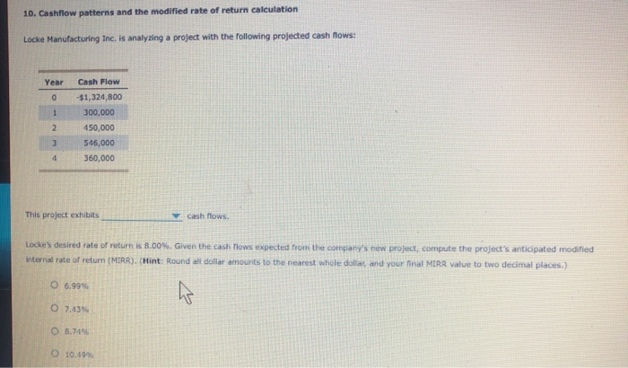 Solved 10. Cashflow patterns and the modified rate of return | Chegg.com