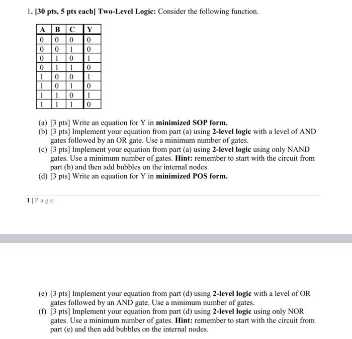 Solved 1. [30 pts, 5 pts each] Two-Level Logic: Consider the | Chegg.com
