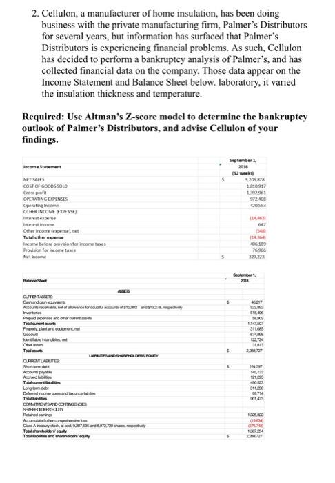 Solved 2. Cellulon, a manufacturer of home insulation, has | Chegg.com