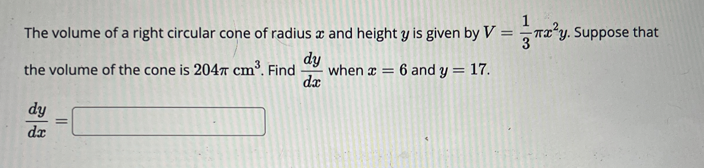 Solved The volume of a right circular cone of radius x ﻿and | Chegg.com