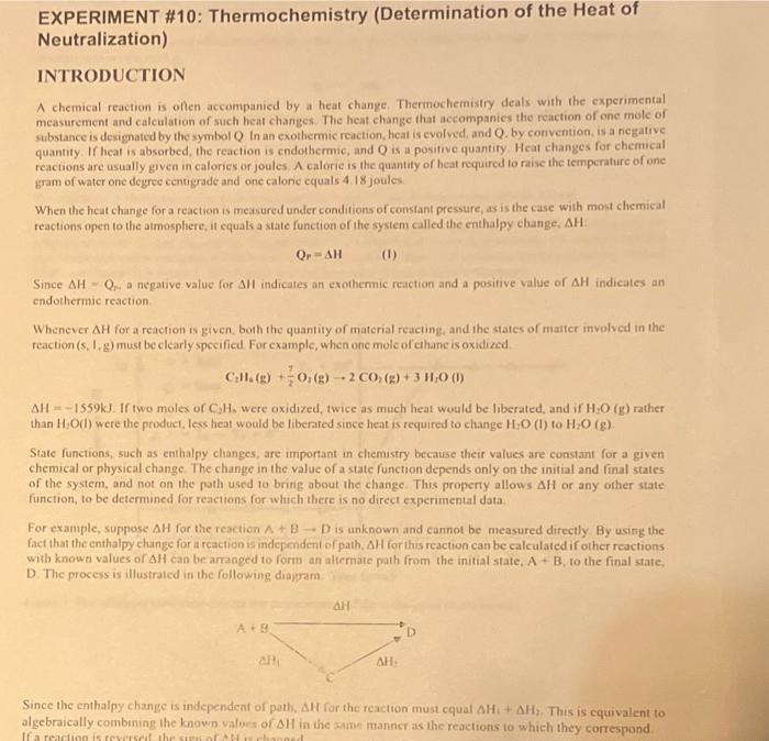 Solved EXPERIMENT \#10: Thermochemistry (Determination of | Chegg.com