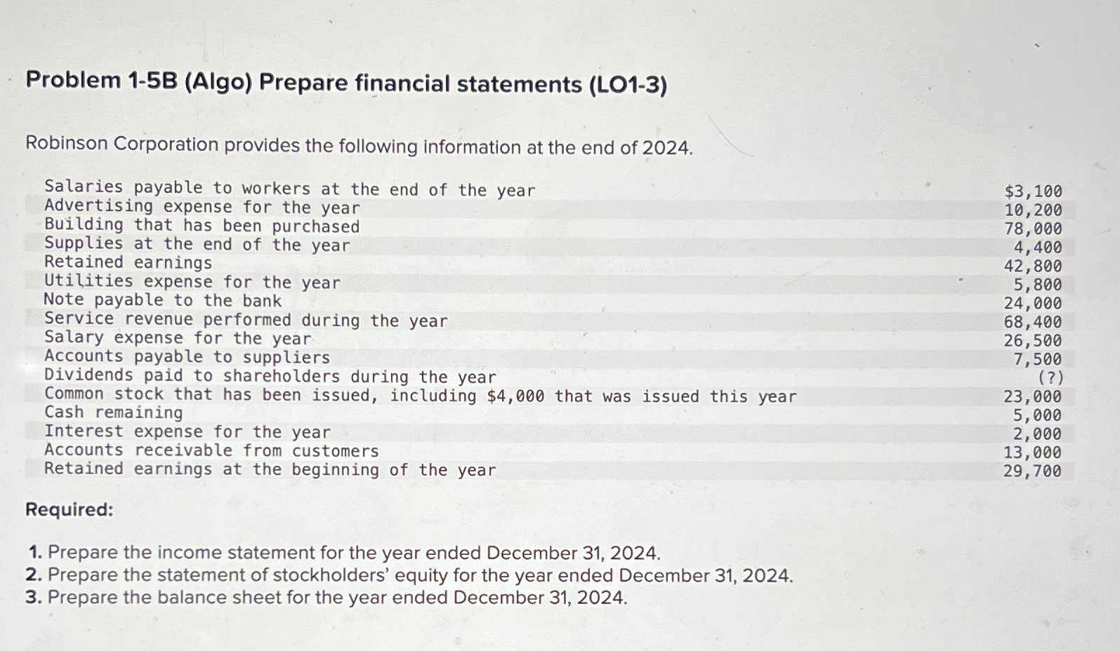 Solved Problem 1-5B (Algo) ﻿Prepare financial statements | Chegg.com