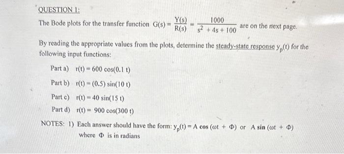 Solved QUESTION 1: The Bode plots for the transfer function | Chegg.com