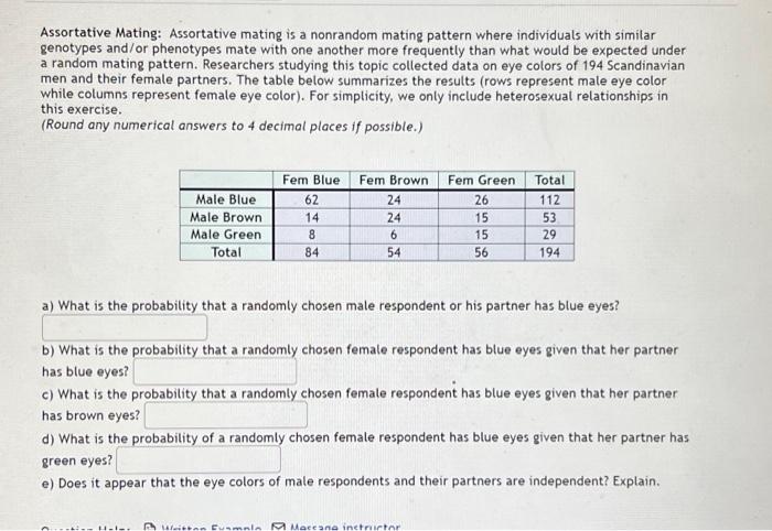 Solved Assortative Mating: Assortative mating is a nonrandom | Chegg.com