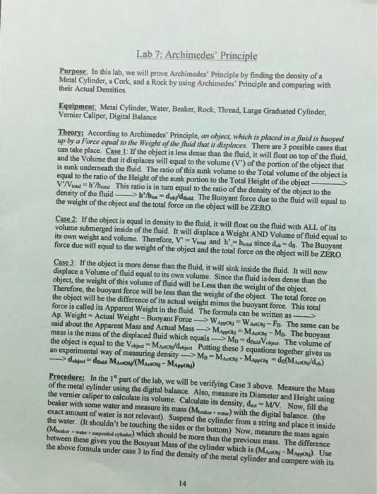 Solved Lab 7: Archimedes" Principle Purpose: In this lab, we | Chegg.com