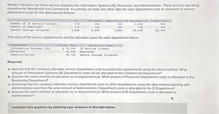 Solved Western Services has three service departments: | Chegg.com