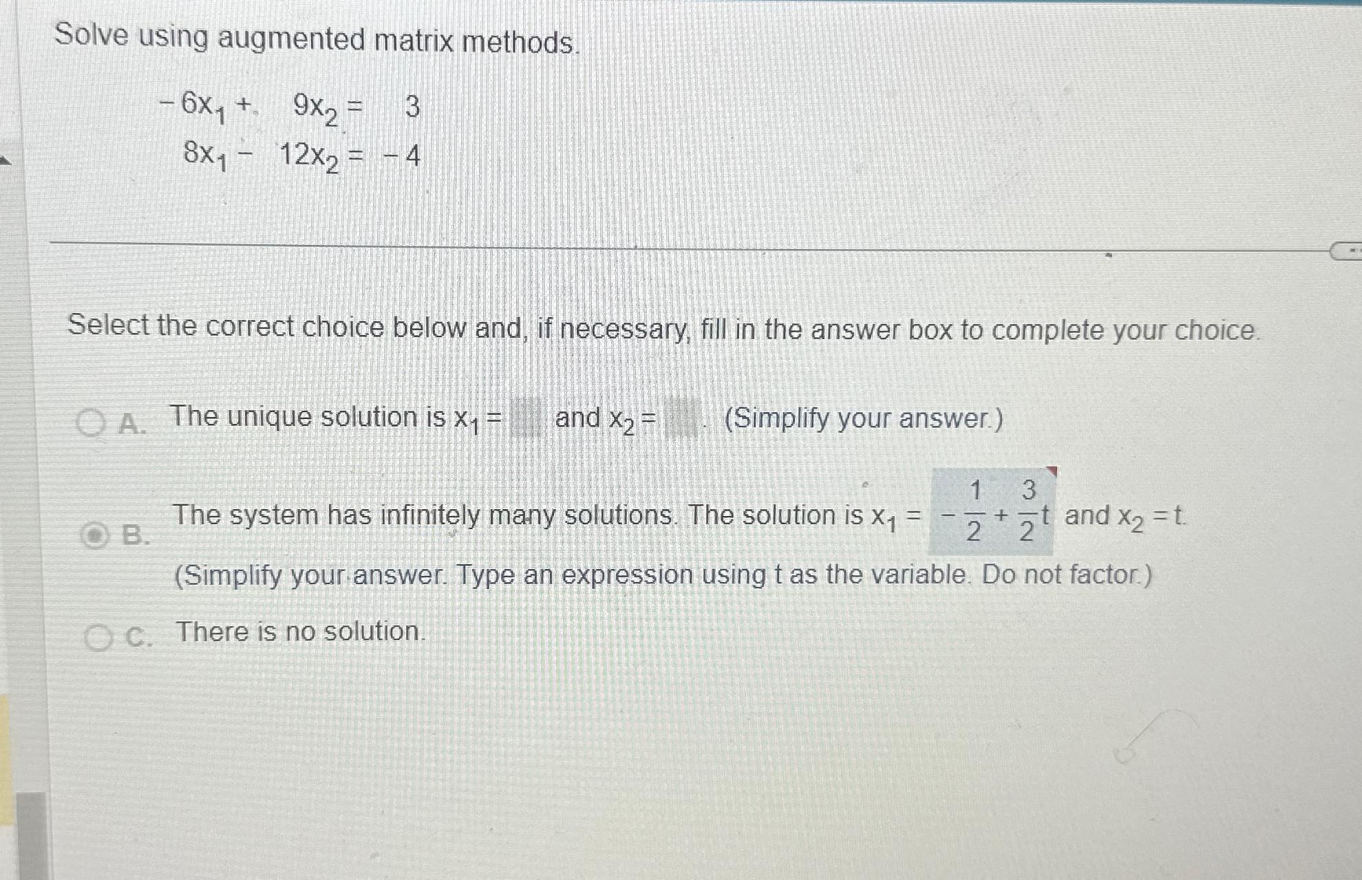 Solved Solve using augmented matrix | Chegg.com