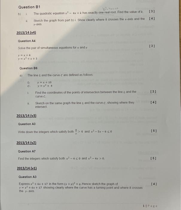 Solved Question B1 b) I The quadratic equation x2−4x+k has | Chegg.com