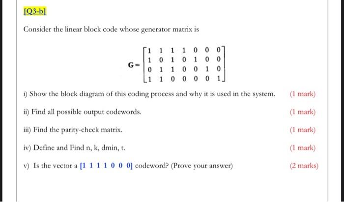 Consider the linear block code whose generator matrix | Chegg.com